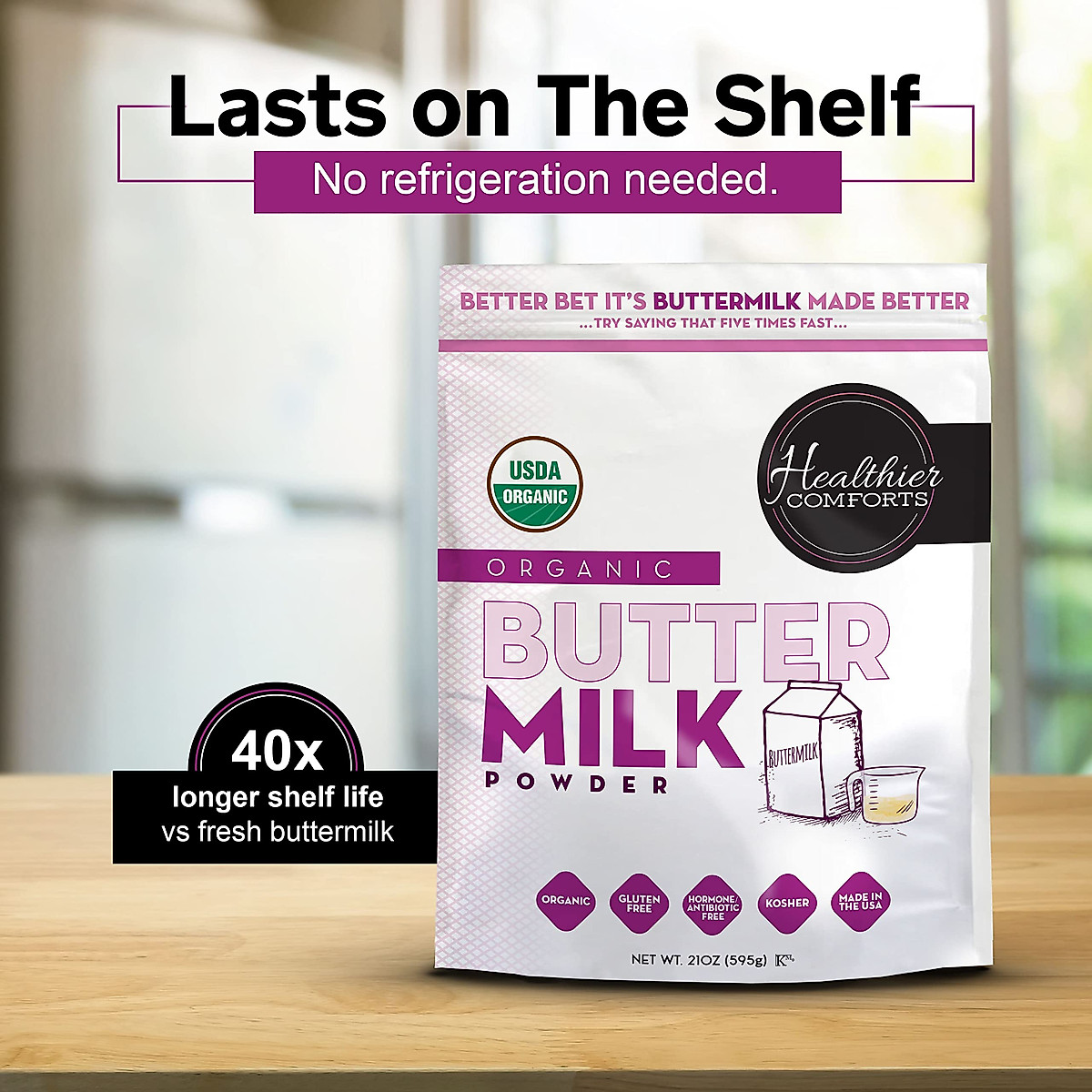 Healthier Comforts Organic Buttermilk Powder | USDA Certified Organic Powdered Buttermilk, Kosher, Gluten Free, Non-GMO | Dry Buttermilk Powder for Baking Supplies, Biscuits & Gravy, Mini Pancakes 21oz