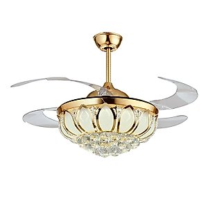 N/B 42 Inch Modern Gold Crystal Chandelier Fan with Retractable Blades Ceiling Fan with Light LED and Remote Control Indoor Fan Suitable for Dining Room Bedroom
