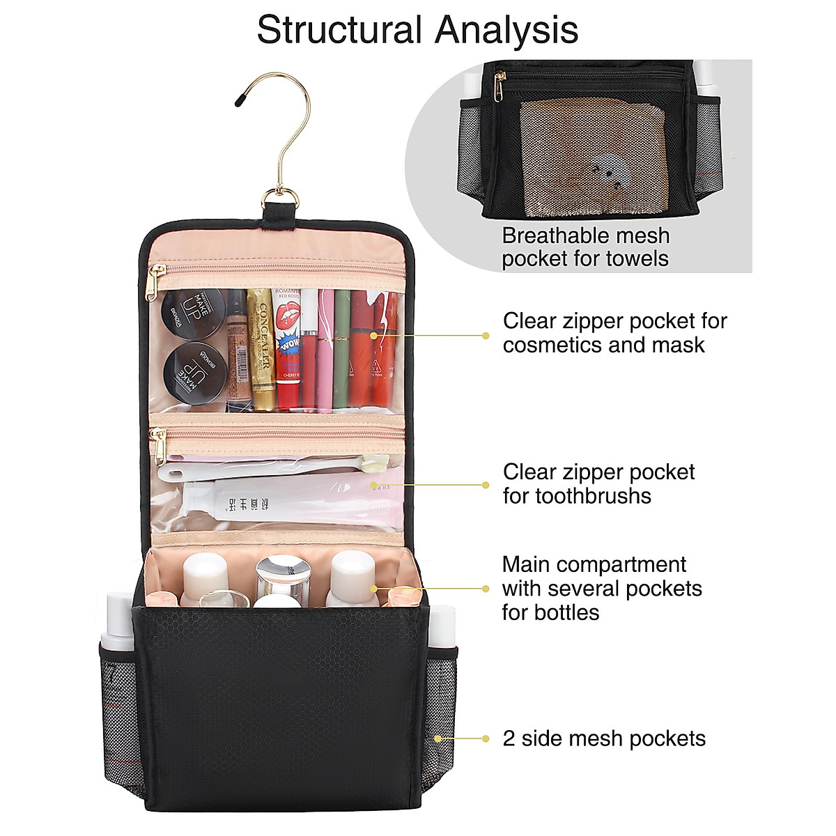 Relavel Hanging Toiletry Bag for Women and Men, Small Travel Bag for Girls Compact Size with Multiple Compartments Waterproof Travel Kit Wash Bag Makeup Storage Organizer Gym Shower Bag Black