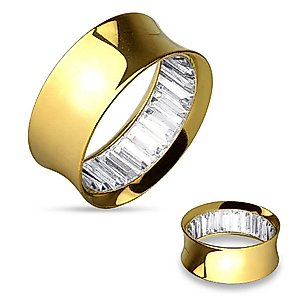Pair Gold IP Surgical Steel Double Flare Tunnels Ear Plugs with Inner Square CZ - Thickness 10mm