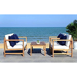 SAFAVIEH Outdoor Collection Montez Natural/ Beige Cushions/ Navy Pillows 4-Piece Conversation Patio Set