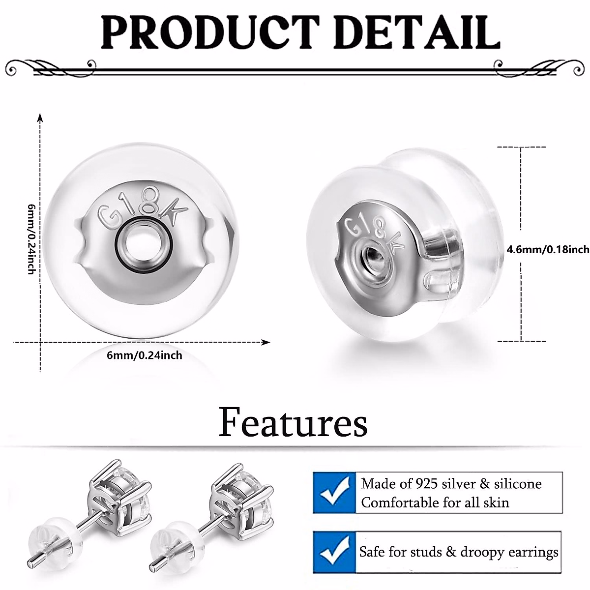 Kerryjewl 18K Gold Locking Secure Earring Backs for Studs, Silicone Earring Backs Replacements for Studs/Droopy Ears, No-Irritate Hypoallergenice Earring Backs for Women Men(White Gold)