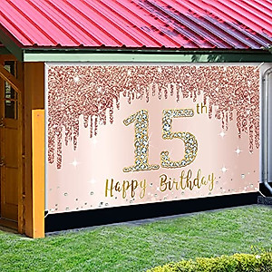 Happy 15th Birthday Banner Backdrop Decorations for Girls, Rose Gold 15 Birthday Party Sign Supplies, Pink 15 Year Old Birthday Poster Background Photo Booth Props Decor