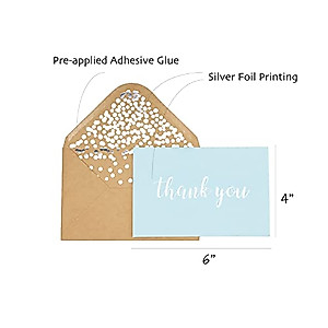 Thank You Cards - Blank 50 Pack Baby Blue Matte Finish Cards with Silver Foiled "Thank You" Printed with 52 Confetti Design Kraft Envelopes 4" x 6" - for Bridal Shower Baby Shower Birthday Party