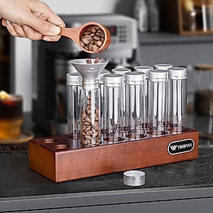 YMWVH Coffee Bean Storage Glass Tubes Single Dose, 12PCS Coffee Bean Cellar Container Vials With Lids (2 Oz) Wooden Display Stand And Funnel Coffee spoon
