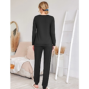 Ekouaer Women's Pajama Sets Casual 2Pcs Sleepwear Long Sleeve Pullover Tops Long Joggers Pants with Pockets Black