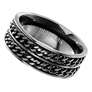 Fantasy Forge Jewelry Blackout Double Chain Spinner Ring Mens Womens Stainless Steel Anti Anxiety Band Sizes 8-14 (13)