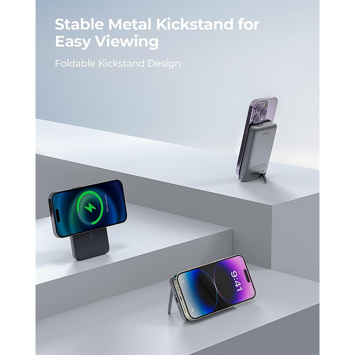 AMEGAT Magnetic Battery Pack 6700mAh for MagSafe, Foldable Kickstand Wireless Portable Charger with 20W USB-C Fast Charging, Only for iPhone 15/15 Plus/15 Pro/15 Pro Max, iPhone 14/13/12 Series