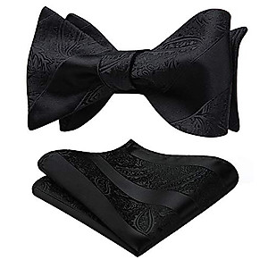 HISDERN Mens Black Bow Ties Floral Paisley Self Bow Ties for Men Formal Woven Silk Pocket Square Set with Gift Box for wedding