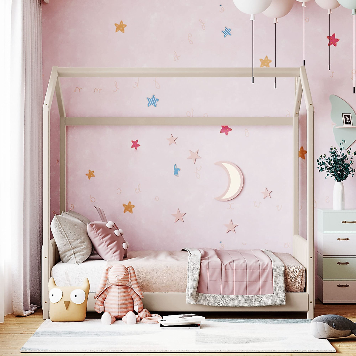 Harper & Bright Designs Twin House Bed for Kids, Montessori Floor Bed Twin Platform Bed with Headboard and Footboard, Velvet Twin Bed with Roof for Girls Boys, No Box Spring Needed (Velvet Beige)