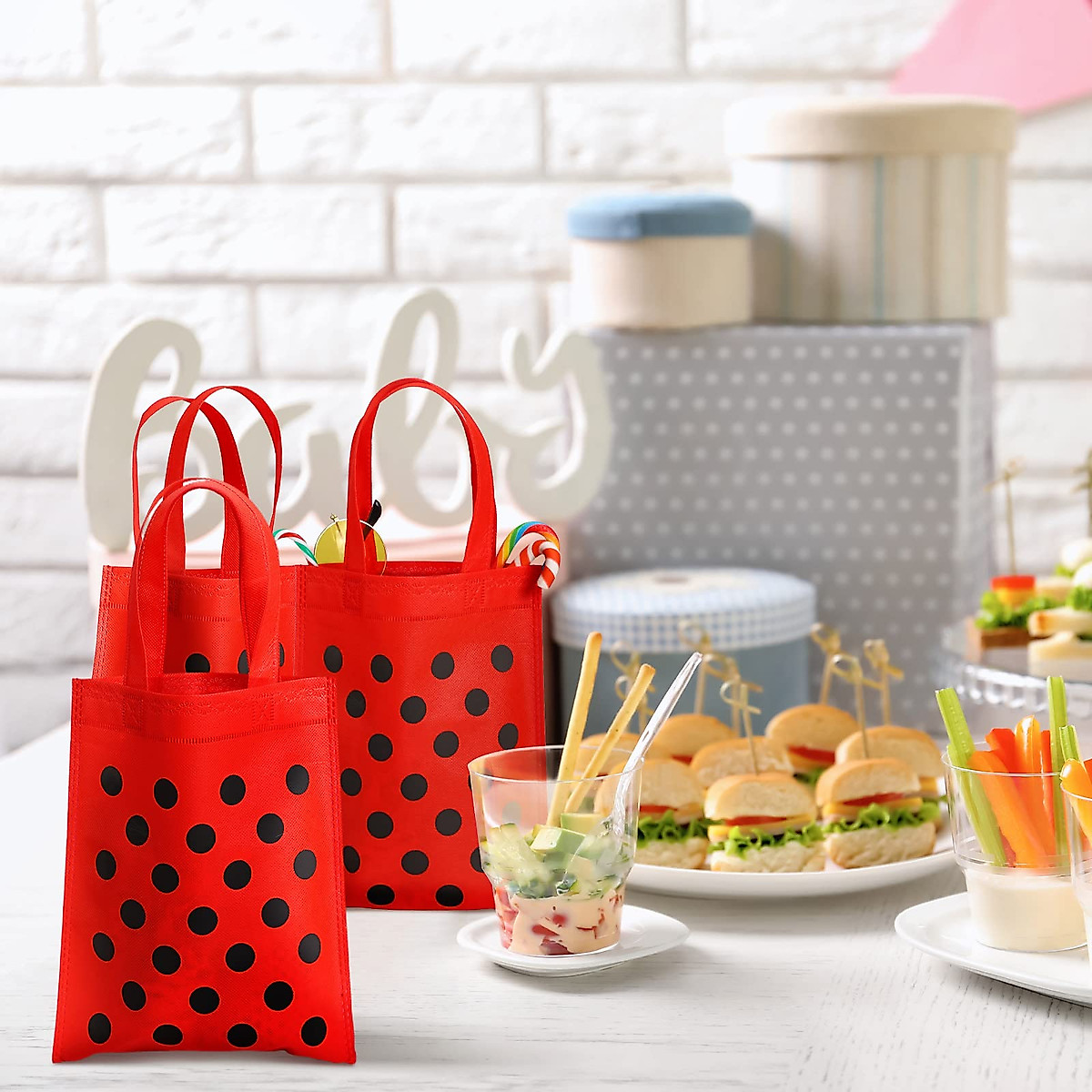 Sumind 24 Pieces Ladybug Party Favors Bags Ladybug Watermelon Goodie Gift Bags Red Black Polka Dot Non Woven Bag with Handles for Birthday Party Decoration Supplies