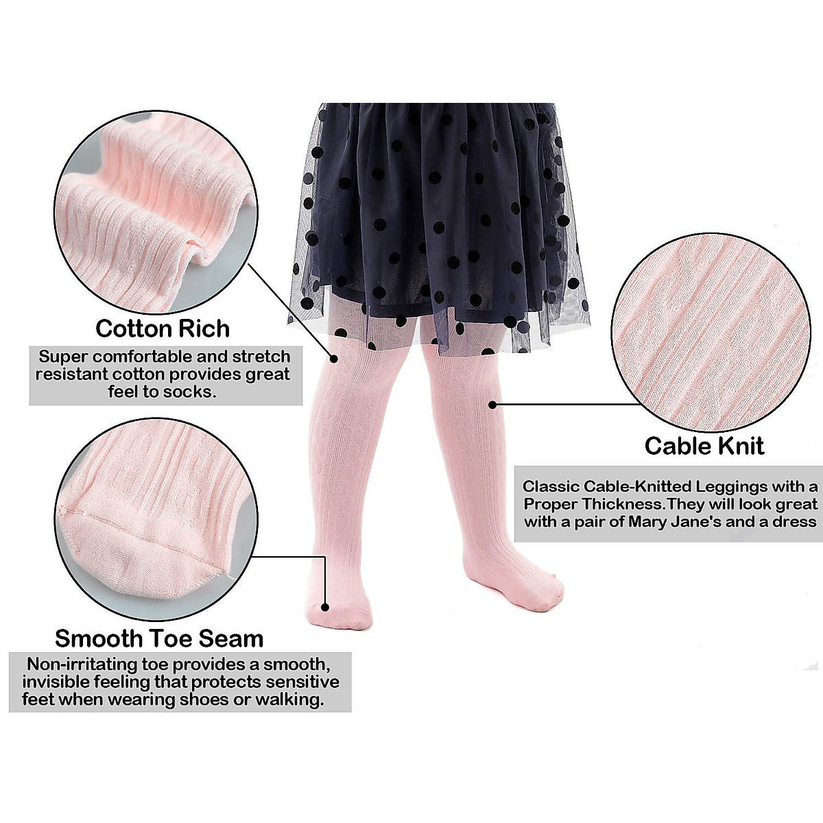 EPEIUS Little Girl Tights Toddler Baby Girl Seamless Cable Knit Leggings Thick Solid Cotton Stockings Footed Pants for 2-4 Years 3 Pair Pack,Black/White/Pink