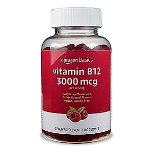 Amazon Basics Vitamin B12 3000 mcg Gummies, Normal Energy Production and Metabolism, Immune System Support, Raspberry, 100 Count (2 per serving) (Previously Solimo)