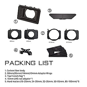 Tilta Matte Box for Studio Cinima Cameras, 3 Pcs 4x5.65 Filter Frame with 5 Lens Adapter Rings (134/114/110/95/80mm) Carbon Fiber Top Flag 5 Pcs Front Matte 15mm Rod Adapter MB-T12
