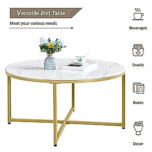 Yaheetech Modern Marble Coffee Table, Faux Accent Round Table Cocktail Table w/X-Base & Sturdy Metal Legs & Protective Foot Pads for Living Room, Mustard Gold