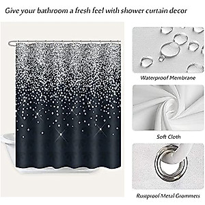 TERSUM Silver Gray Bokeh Diamond Shower Curtain Set,4PCS Bathroom Sets with Shower Curtain and Bath Mat, Toilet Lid Cover and U Shaped Rugs,72"x72" Polyester Fabric Bathtub Curtain with Hooks SETGXTE2