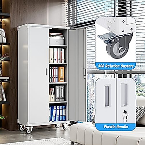 Aobabo 72 Inches Metal Office Storage Cabinet with Wheels, Locking Metal Storage Cabinet with 4Shelves, Rolling Tool Storage Cabinet on Wheels, Assembly Required,White