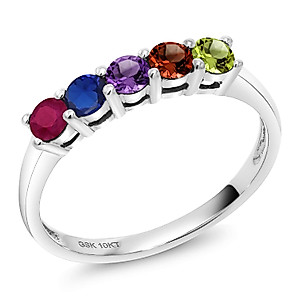 Gem Stone King 10K White Gold Promise Customized and Personalized 5 Gemstone Birthstone For Her Anniversary Band Engagement Flower Blossom Ring For Women (Size 7)