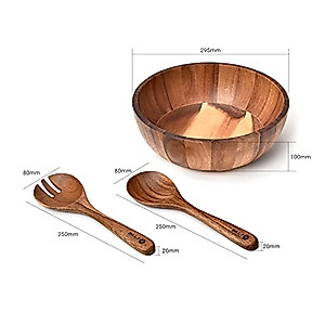 BILL.F Wooden Salad Bowl, 12'' Acacia Wood Salad Bowls Set Large Salad Mixing Bowl with Servers-3-Piece Big Salad Bowl Set