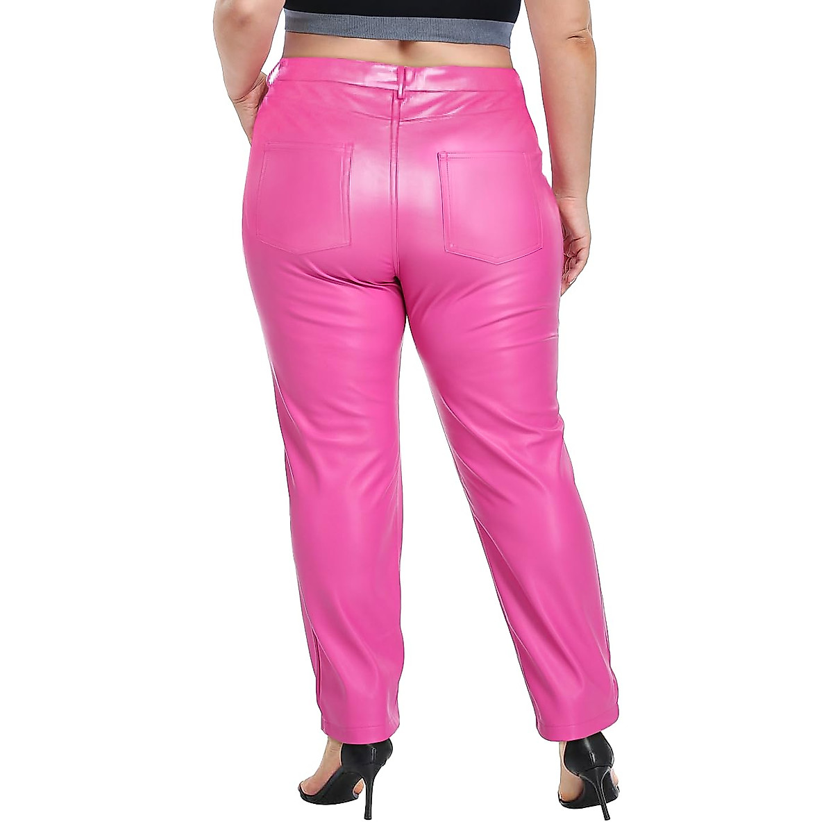HDE Women's Plus Size Faux Leather Pants High Waist Straight Leg Pant w/Pockets Hot Pink - 1X