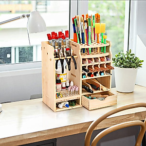Mezchi Wooden Screwdriver Organizer Holder, 50 Slots Workbench Organizer with Drawer, Small Tool Organizer Storage, No Assembly Required Paint Brush Holder, Hobby Organizer for Paint Brushes, Tools