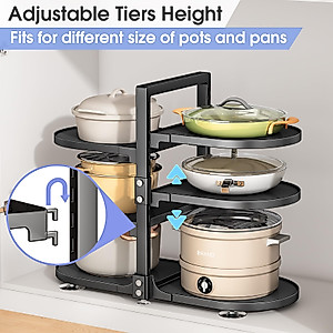 Pots and Pans Organizer for Cabinet, 6 Tier Snap-on and Adjustable Pan Organizer Rack for Under Cabinet, Pot Organizer for Kitchen Storage, Pot Lid Organizer with Panels (6 Tier, Round)