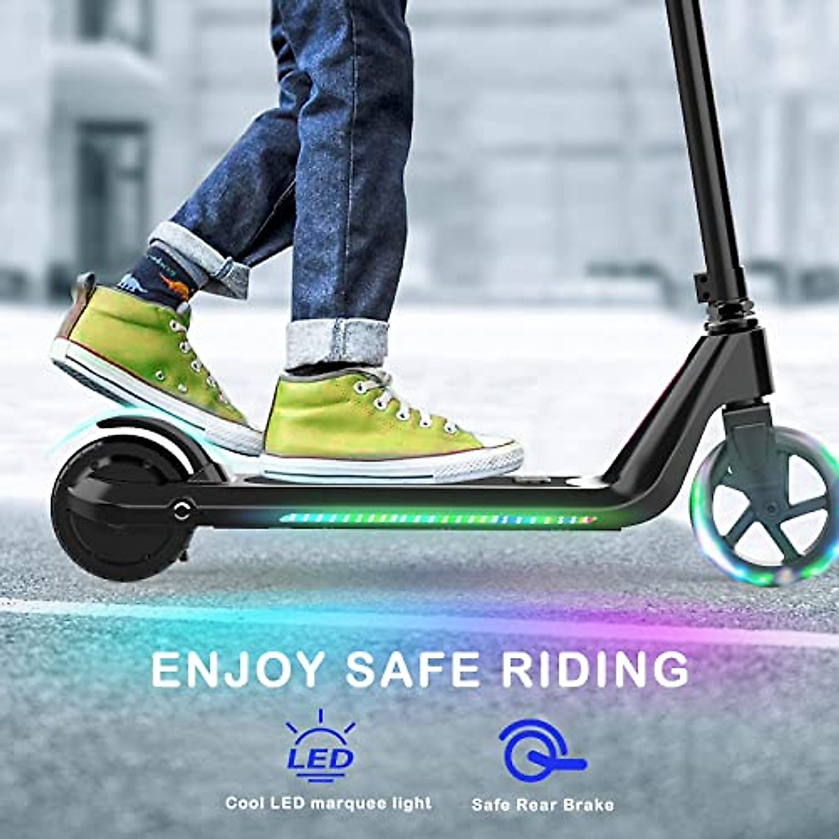 LINGTENG Electric Scooter for Kids Age of 6-10, Up to 6 mph and 80 min Ride Time, Kick-Start Boost Kids Scooter with Adjustable Speed and Height, Kids Scooter with Flash Wheel & Deck Lights（Black）