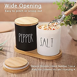 ALPIRIRAL Salt and Pepper Bowls, Salt and Pepper Holder Set with Bamboo Tray, Salt Container with Bamboo Lid, Black and White Salt Cellar, Salt Box for Countertop, Farmhouse Kitchen Decor, Set of 2