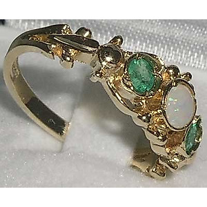 LetsBuyGold 10k Yellow Gold Real Genuine Opal & Emerald Womens Band Ring - Size 7