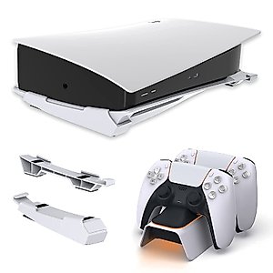 NexiGo PS5 Horizontal Stand with Controller Charger, [Minimalist Design], DualSense Charging Station with Thumb Grip Kit, Compatible with PlayStation 5 Disc & Digital Editions