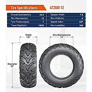 HALBERD 6PR ATV/UTV Tires, 25x8-12 All Terrain 15mm Tread Depth 25x8x12 Trail Sand Off-Road Tires, Set of 2 ATV Tires