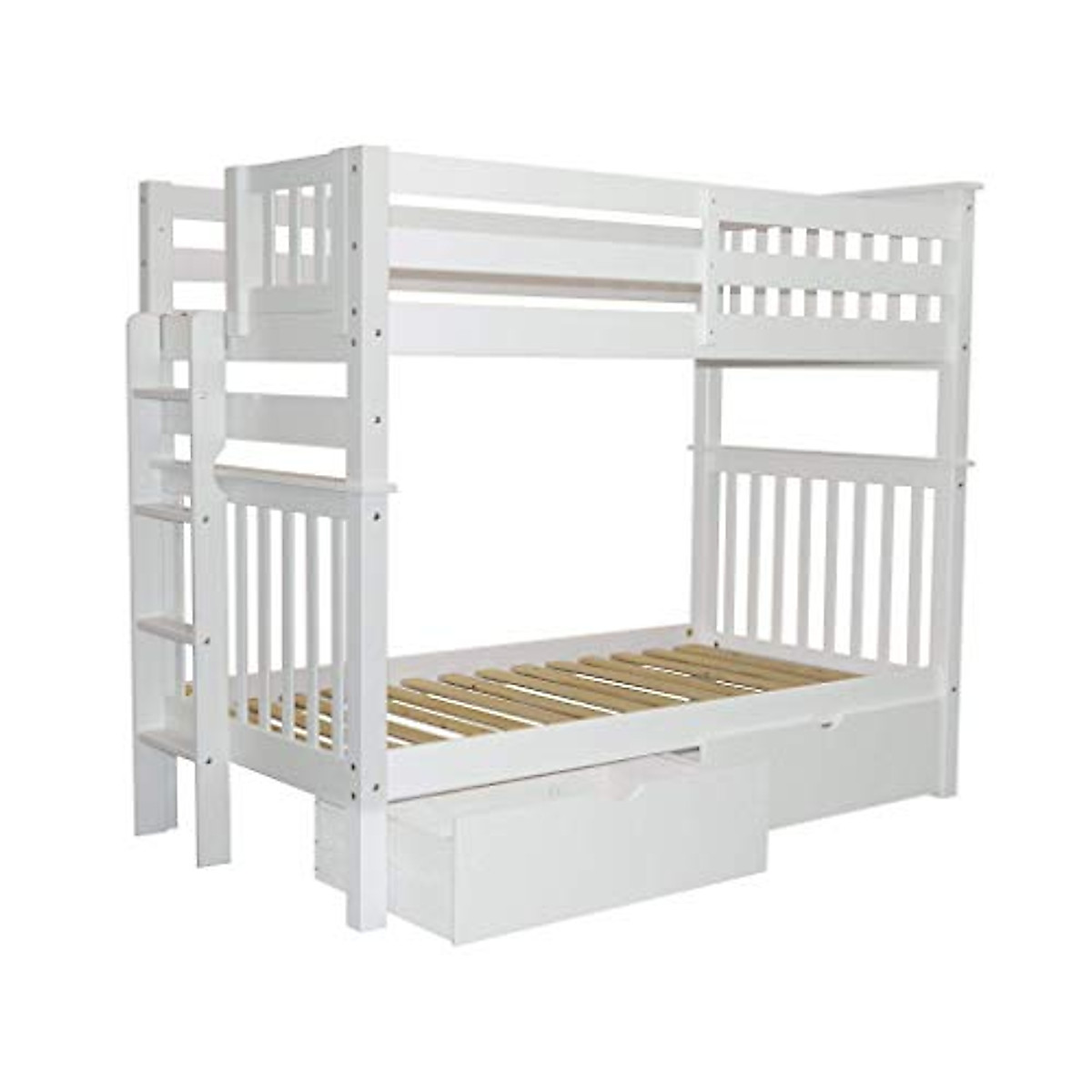 Bedz King Tall Bunk Beds Twin over Twin Mission Style with End Ladder and 2 Under Bed Drawers, White