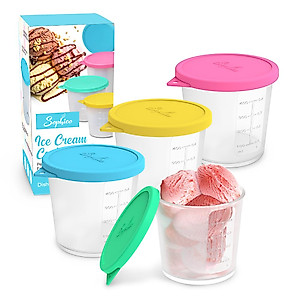 SOPHICO Ice Cream Pint Containers with Silicone Lids, Freezer Food Storage Tubs for Homemade IceCream, Meal Prep, Yogurt and Soup, Airtight & Dishwasher Safe (MEDIUM, 4 Pack)
