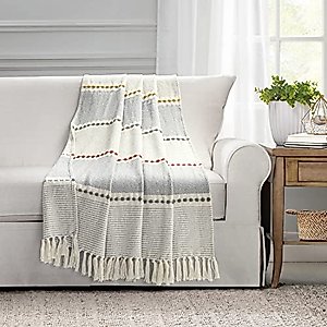 Lush Decor Herringbone Stripe Yarn Dyed Cotton Woven Tassel Throw Blanket, 60" x 50", Yellow & Gray
