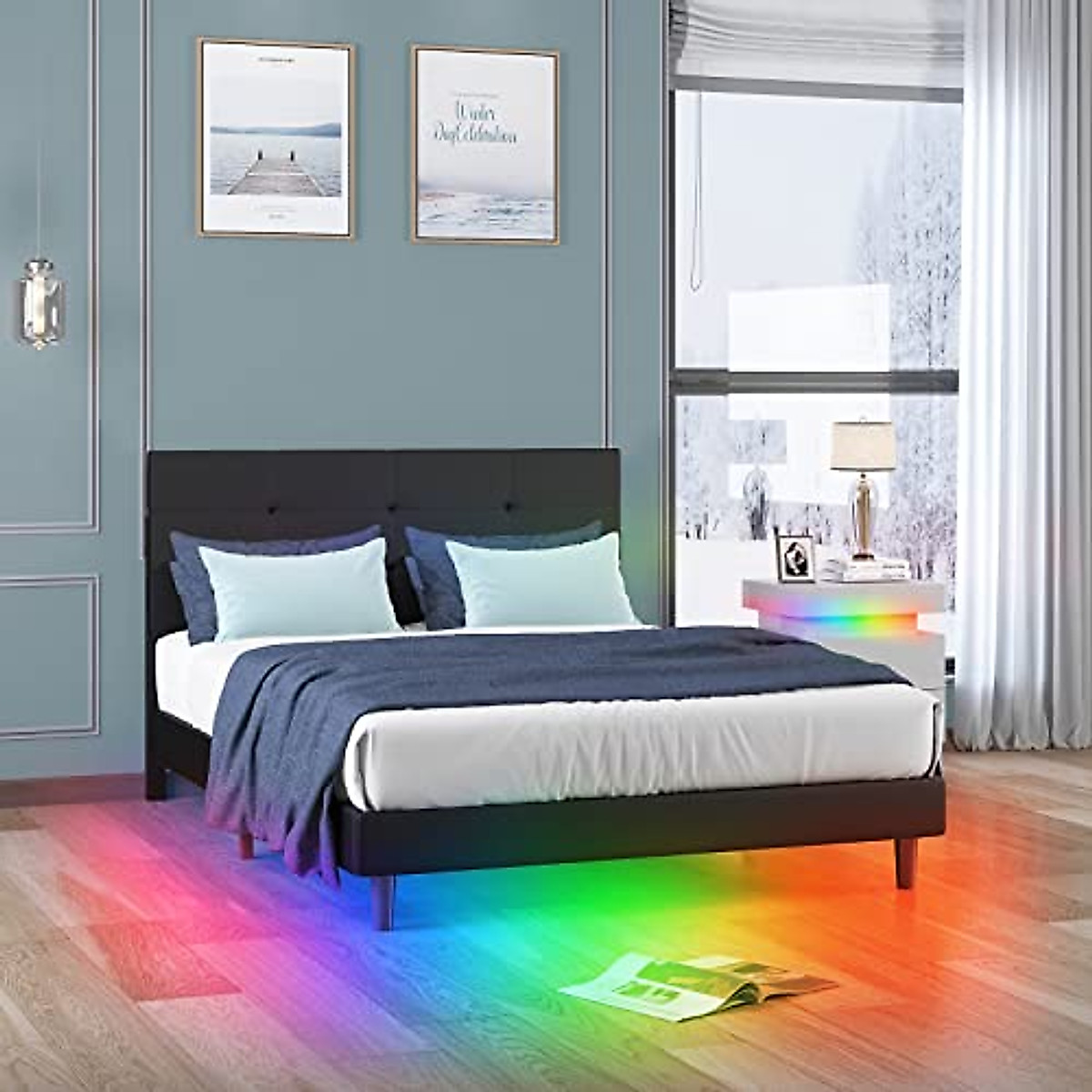ZAFLY Platform LED Bed Frame Queen Size,Upholstered Queen Bed Frame with Adjustable Headboard,Queen Size Bed with RGB LED Strip Light,Wooden Slats Support,No Box Spring Needed,Easy Assembly,Black