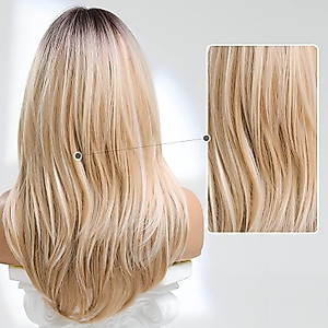 Long Blonde Wig with Bangs Layered Synthetic Hair Wig with Dark Roots for Women (22 Inch)