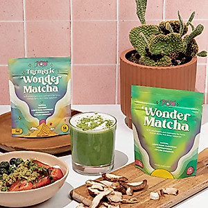 Pow Wonder Matcha | Organic Ceremonial Matcha w/Adaptogens, Mushrooms, Lion's Mane Mushroom and Ashwagandha | Lightly Sweetened (14 Servings)