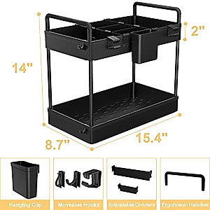 Ronlap 2 Pack Under Sink Organizers and Storage, 2 Tier Bathroom Organizer Under Sink with Handle Hanging Cup Hooks Dividers, Kitchen Organization and Storage Under Sink Cabinet Counter Shelf, Black