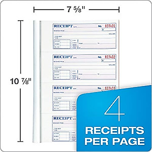 Adams Money and Rent Receipt Book, 3-Part, Carbonless, White/Canary/Pink, 7-5/8" x 10-7/8", Bound Wraparound Cover, 100 Sets per Book, 4 Receipts per Page (TC1182)