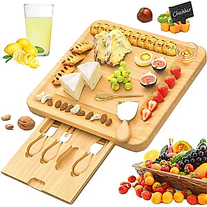 Wisdture Bamboo Cheese Board and Knife Set,Large Charcuterie Board Suitable for Cheese Service,Cheese Board for Christmas Day-Unique Wedding and Housewarming Gift, Bridal Shower Gift for Women