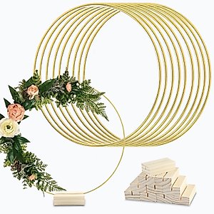 10Pcs 12 Inch Metal Floral Hoop Centerpiece Table Decorations, Gold Wreath Macrame Hoop Rings with 10Pcs Wooden Place Card Holders for Craft Wedding Table Decor Home Party Decor