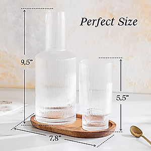 Bedside Water Carafe Set with Glass Drinking Cup and Acacia Wood Tray for Nightstand - Large 27 ounce Capacity Makes Staying Hydrated Easy