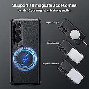 Libeagle Compatible with Samsung Galaxy Z Fold 3 Case, Support All Magsafe Accessories, Leather on Back, Hinge Protection, Built-in Screen Protector, Magnetic Cover 5G 2021, Black