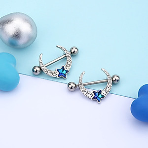 Melighting 14G Nipple Piercing Jewelry, 316L Surgical Steel Barbell with Clear CZ Moon Blue Star, Unisex Piercing Jewelry for Women and Men