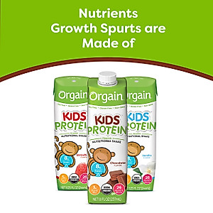 Orgain Organic Kids Protein Nutritional Shake, Chocolate - Great for Breakfast & Snacks, 21 Vitamins & Minerals, 10 Fruits & Vegetables, Gluten Free, Soy Free, 8.25 oz, 12 Count (Packaging May Vary)