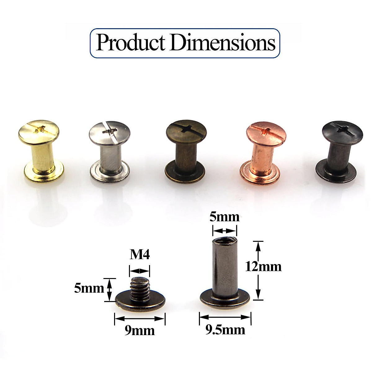 Alloygold 70 Sets Chicago Screw 1/2 inches Kit 5 Color Leather Rivets Screw Rivets Chicago Screw Buttons DIY Leather Trim Black Silver Gold Copper Rose Gold （M5*12）