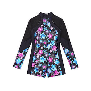 Moggemol Kids Girls Long Sleeve Mesh Splice Gymnastics Leotards Athletic Ballet Dance Biketard Short Unitard Black 12 Years