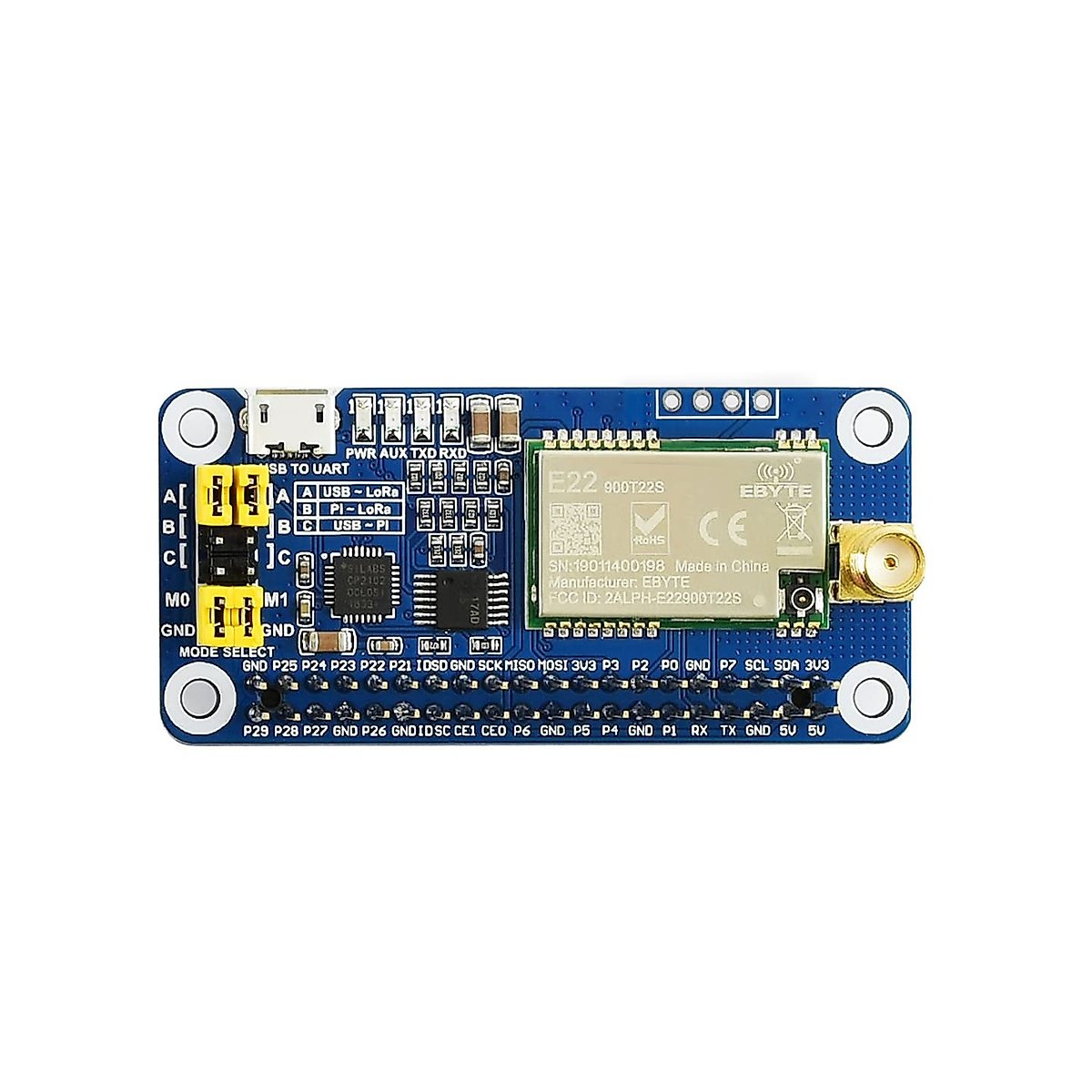 Waveshare SX1262/SX1268 LoRa HAT, Compatible with Raspberry Pi 5/4B/3B/Zero/Zero W/Zero 2W/Pico/Pico W/Pico WH, UART Interface, SX1262 868M LoRa HAT