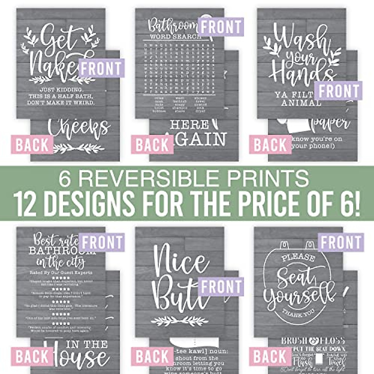 6 Reversible Funny Bathroom Signs Decor Funny Bathroom Wall Art 8x10 - Farmhouse Bathroom Decor Wall Art Funny Bath Decor, Bathroom Rules Wall Decor Bathroom, Please Seat Yourself Bathroom Sign Funny