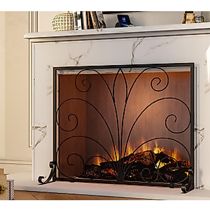 Fire Beauty Fireplace Screen,Handcrafted Wrought Iron Decorative Mesh,Flat Guard Metal Furnace Fireguards Mesh,Fireguards Safe Spark Protector for Living Room,Wood Burning Stove Accessories (Black)